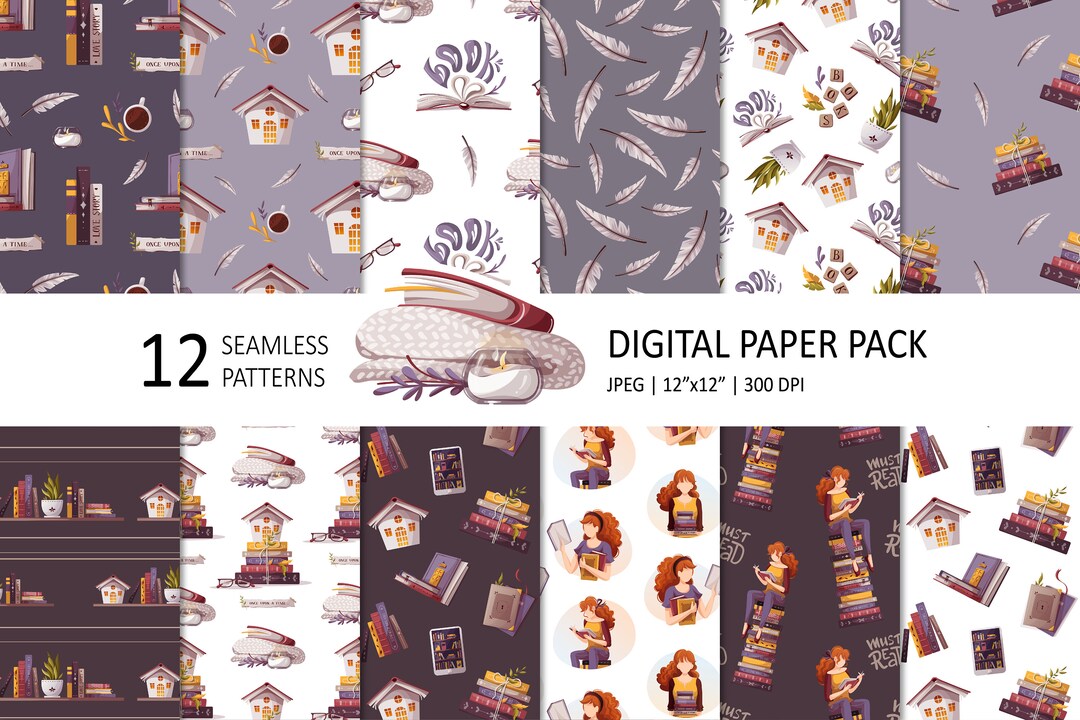 Books Digital Paper Pack | Bookish Seamless Patterns | Booklover ...
