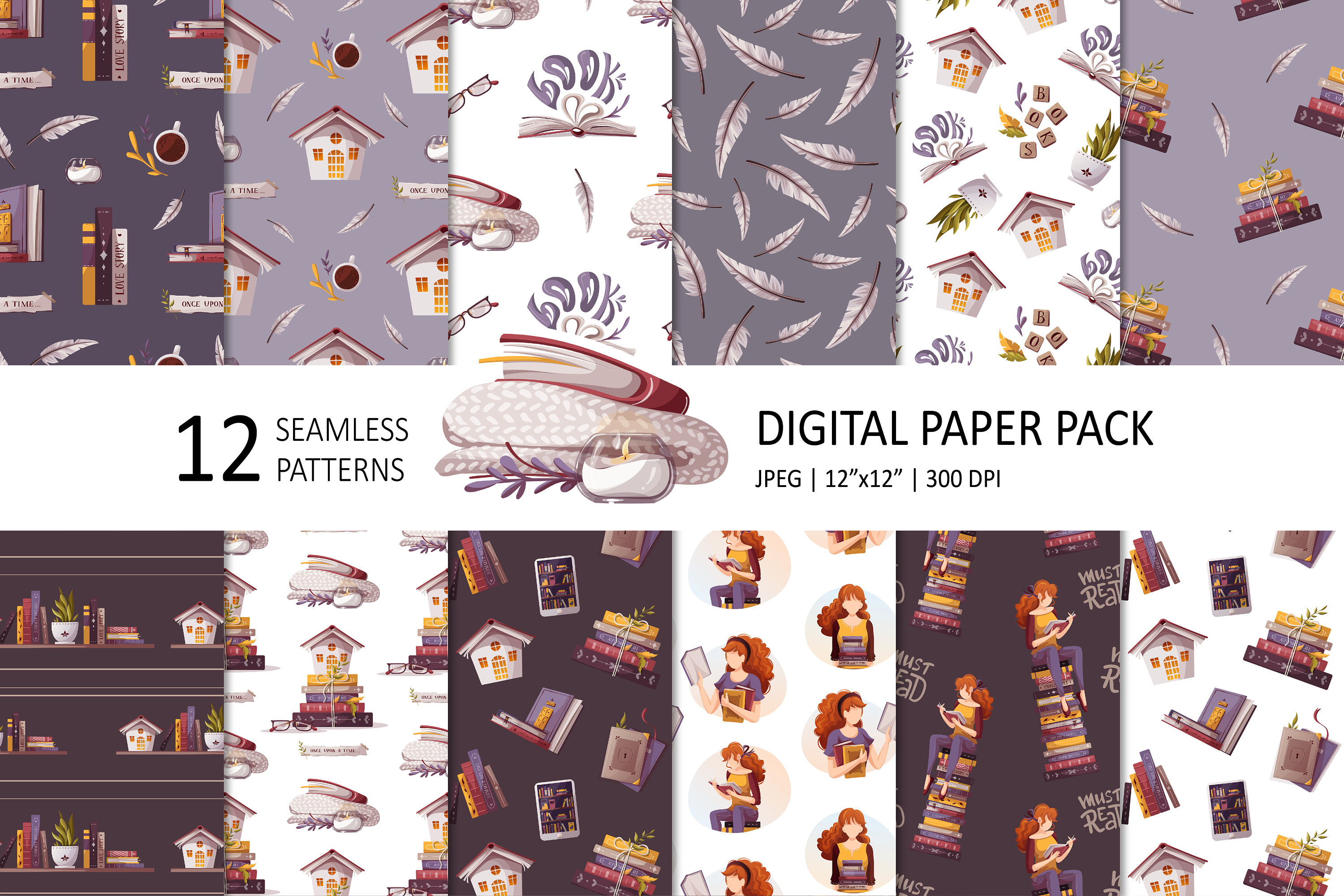 Books Digital Paper Pack Bookish Seamless Patterns Booklover, Reading ...