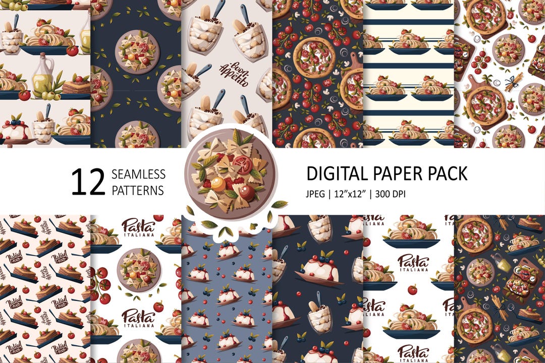Italian Food Digital Paper Pack | Seamless Patterns With Pizza, Pasta ...