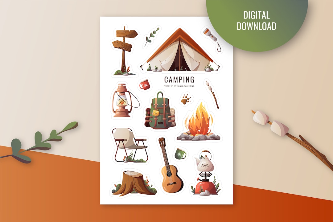 Camping Printable Stickers. Nature Clipart. Camper Digital Stickers ...