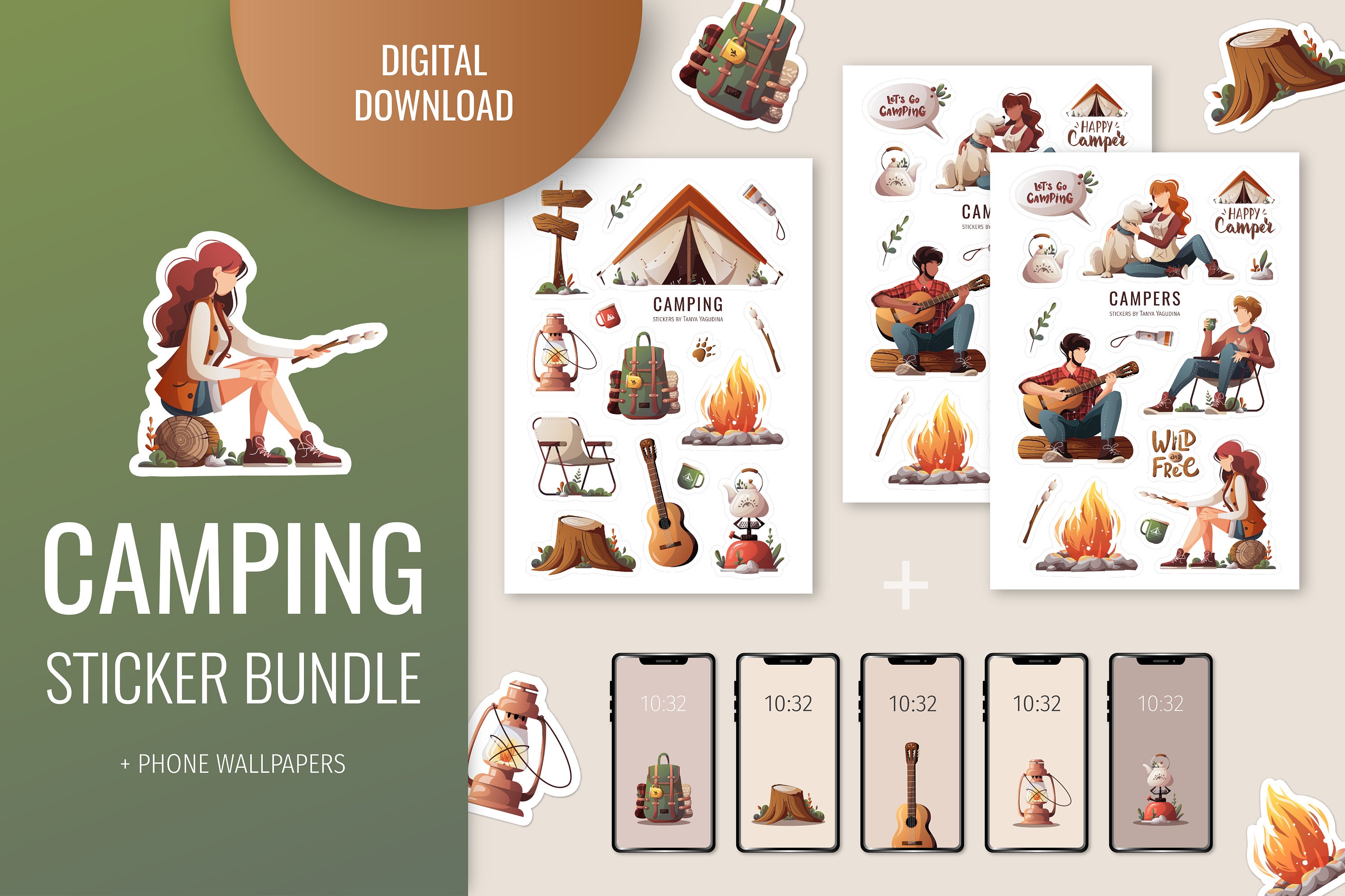 Camping Sticker Bundle. Printable Vacation. Summer, Nature Stickers ...