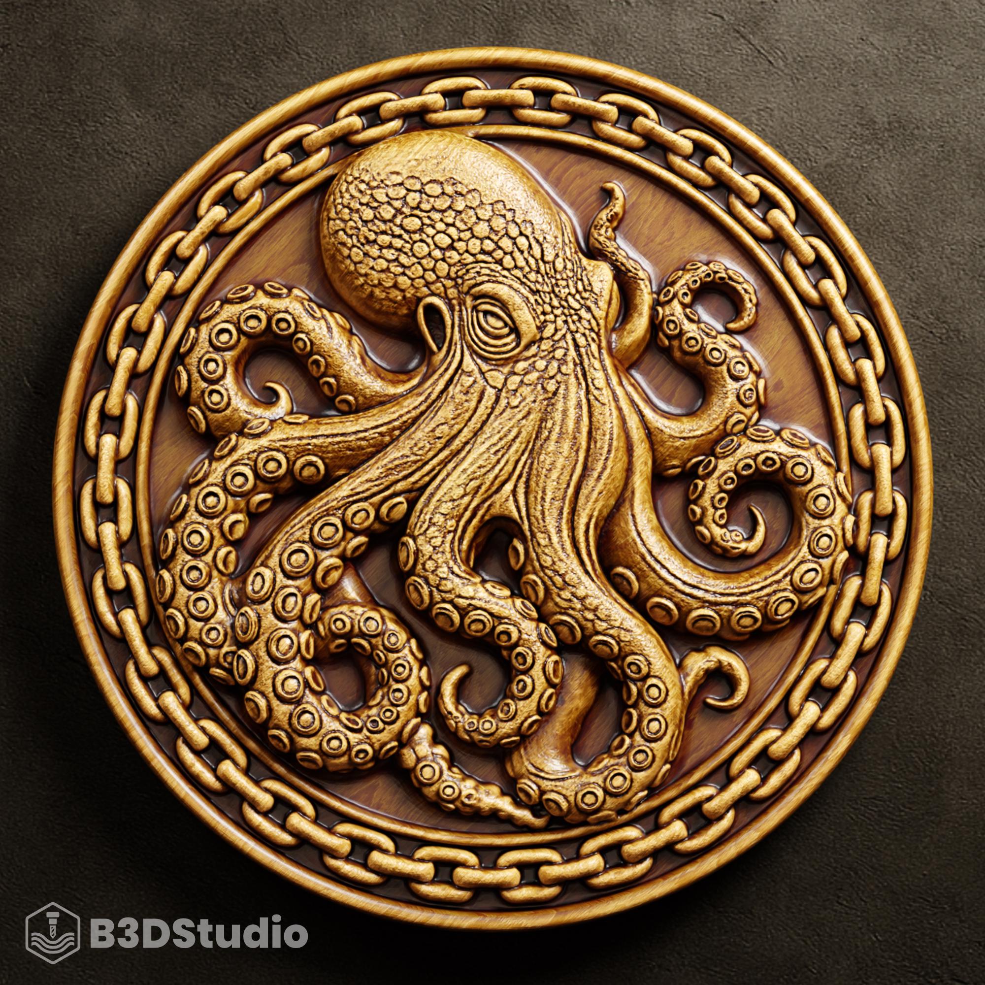 Octopus Relief for CNC Laser and 3D Print STL File and 4K Grayscale TIF ...