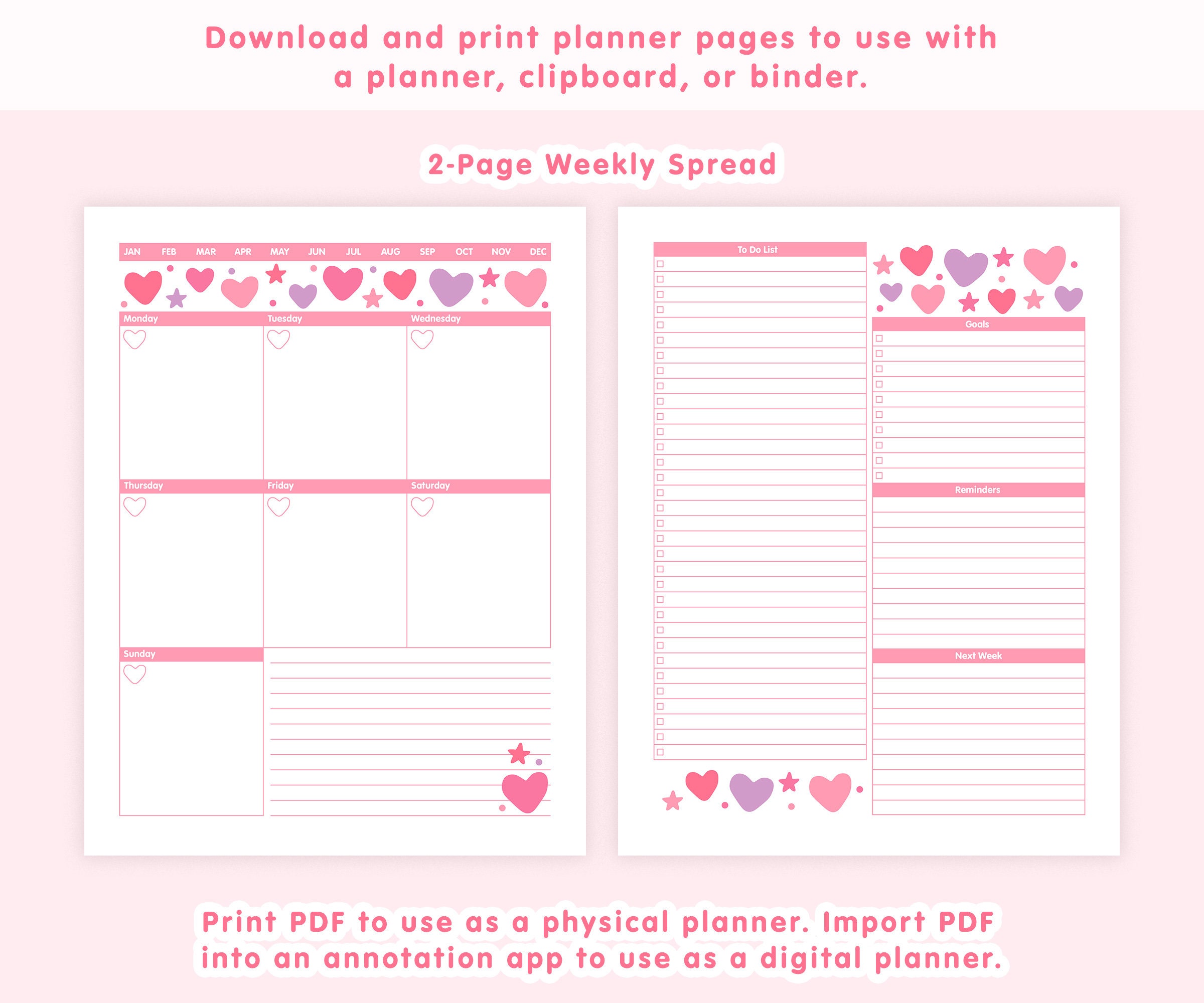 Weekly Pink Hearts Printable Planner Valentines Weekly Planner US ...