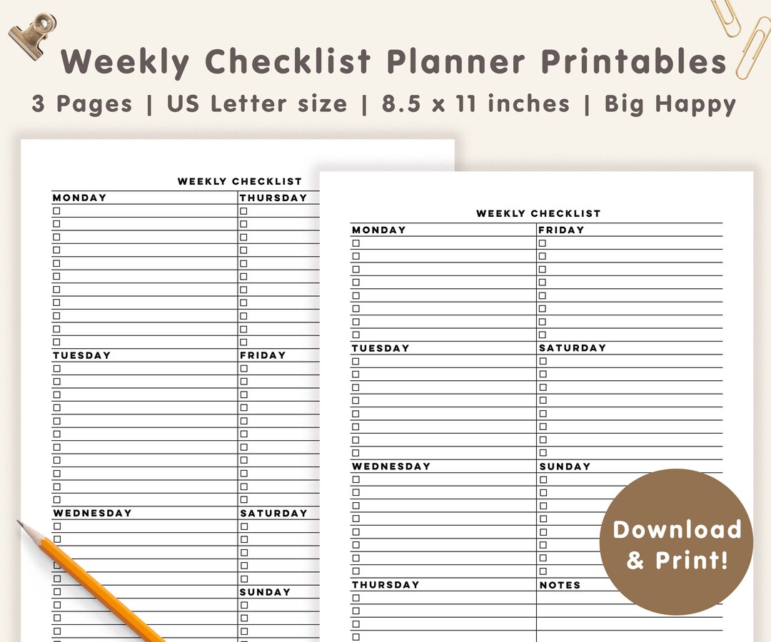 Weekly Checklist Planner | Undated Weekly Planner | Weekly Planner ...