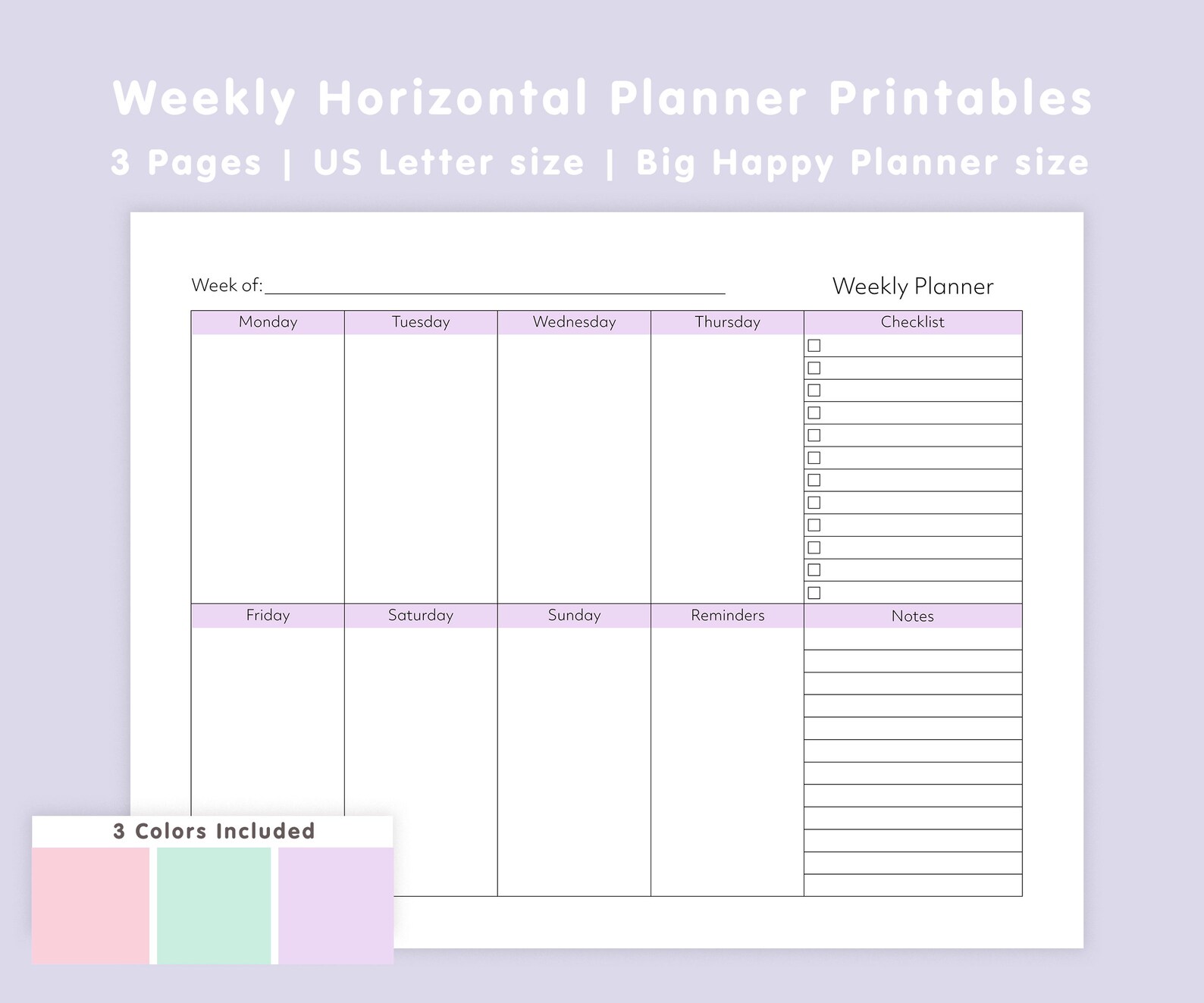 Weekly Horizontal Planner Printables - US Letter Size & Big Happy ...