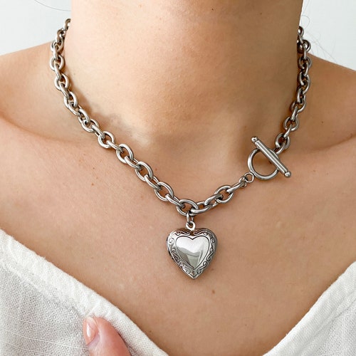 Heart Locket Necklace Chunky Chain With Toggle Clasp Photo - Etsy