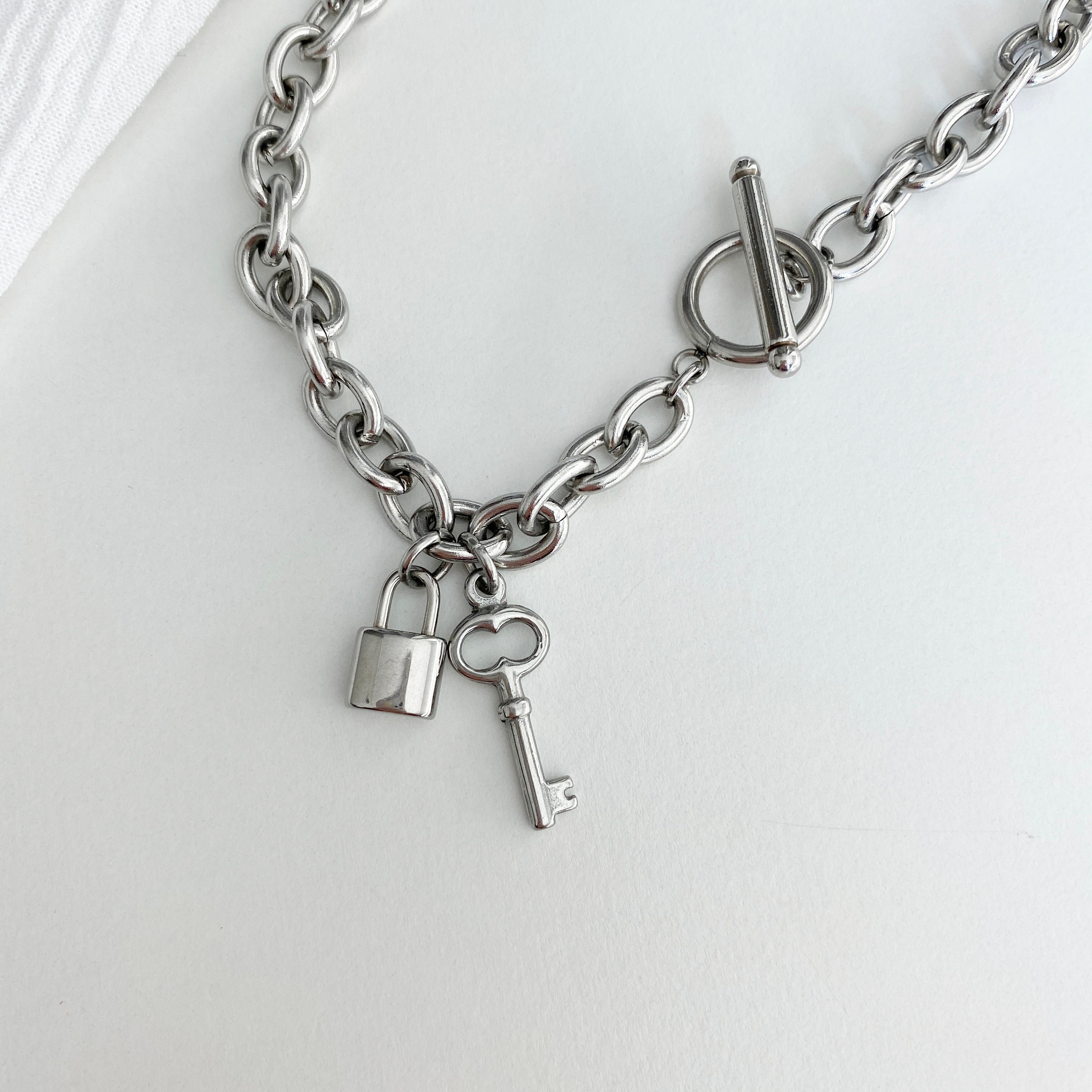 Padlock and Key Necklace Stainless Steel Chunky Chain Toggle | Etsy