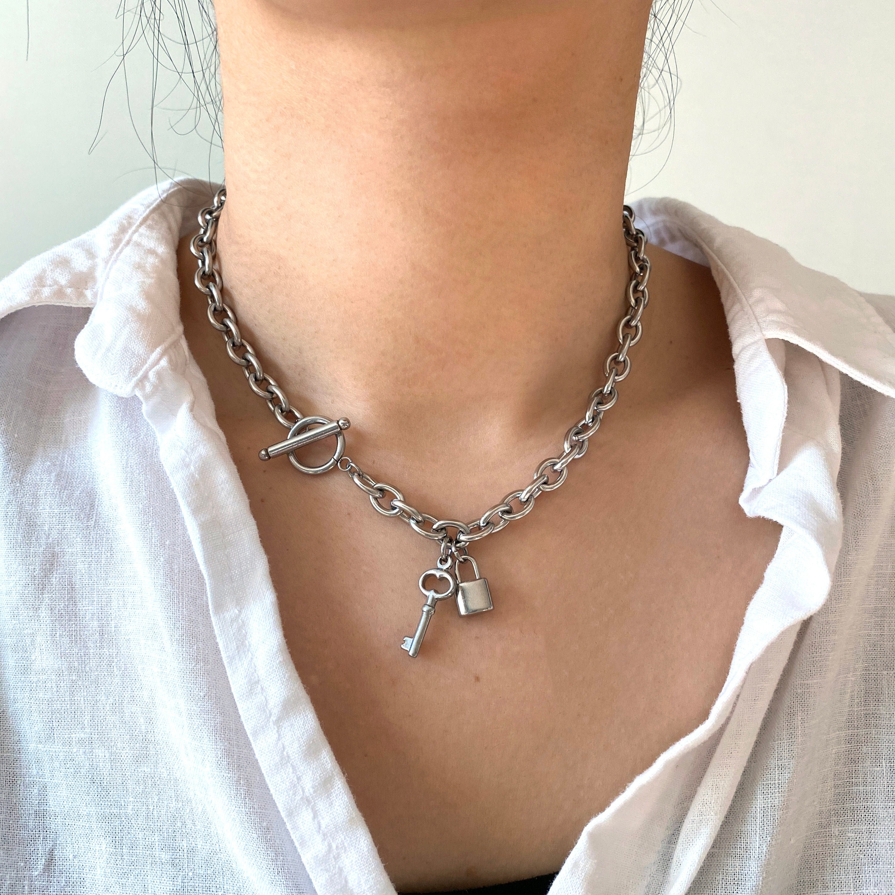 Padlock and Key Necklace Stainless Steel Chunky Chain Toggle | Etsy