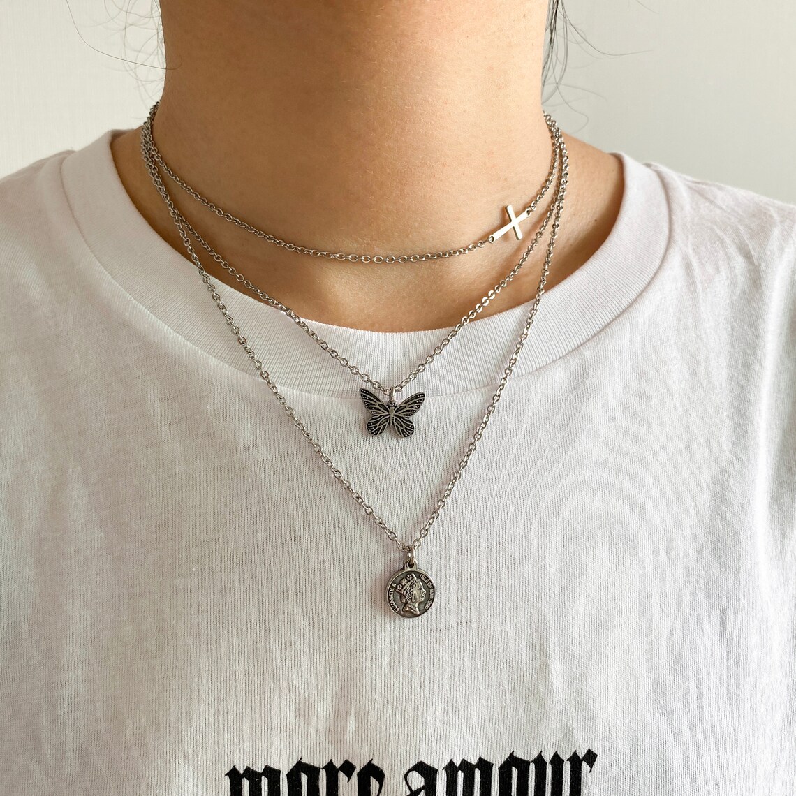 Triple Layered Chain Necklace Set Stainless Steel Necklace - Etsy