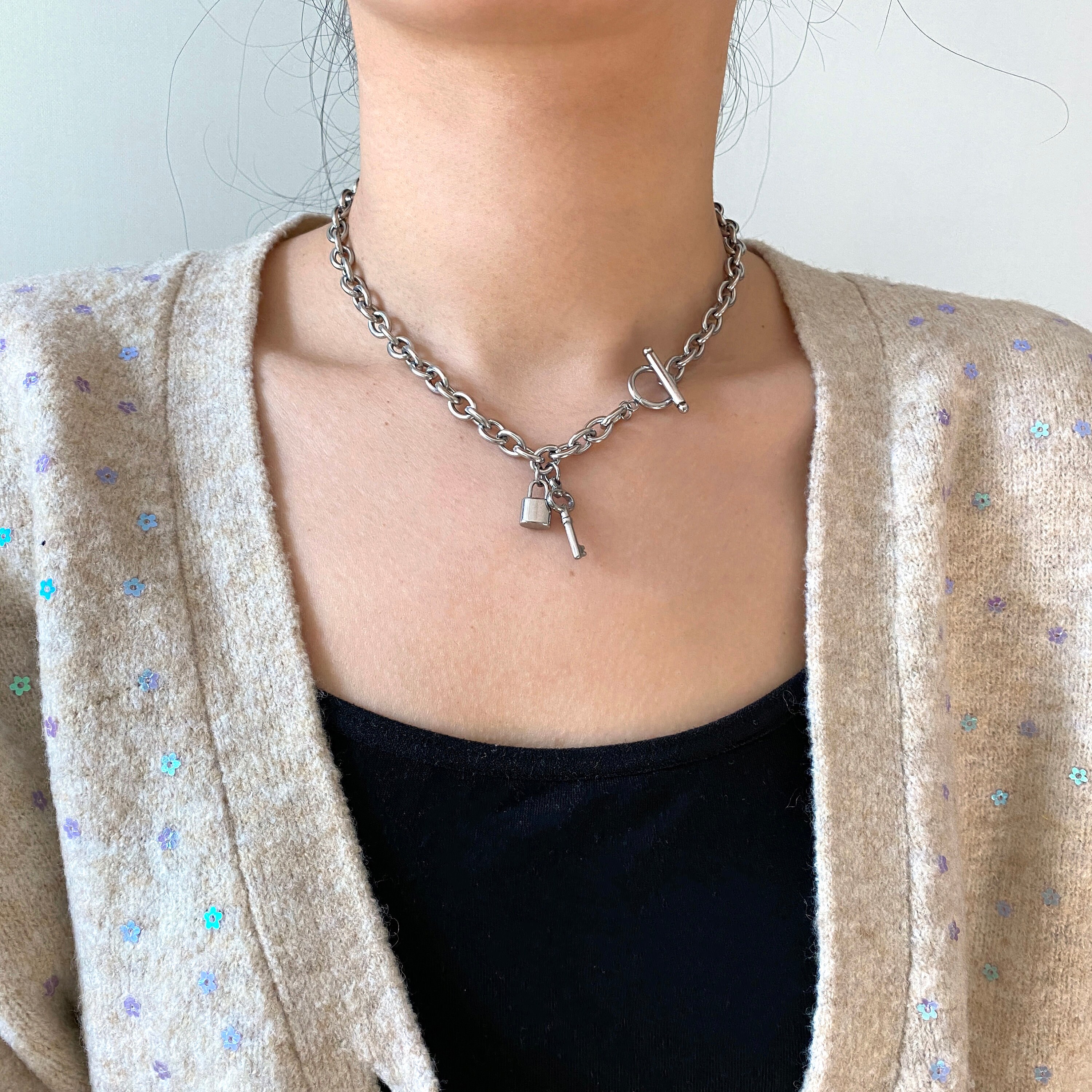 Padlock and Key Necklace Stainless Steel Chunky Chain Toggle | Etsy