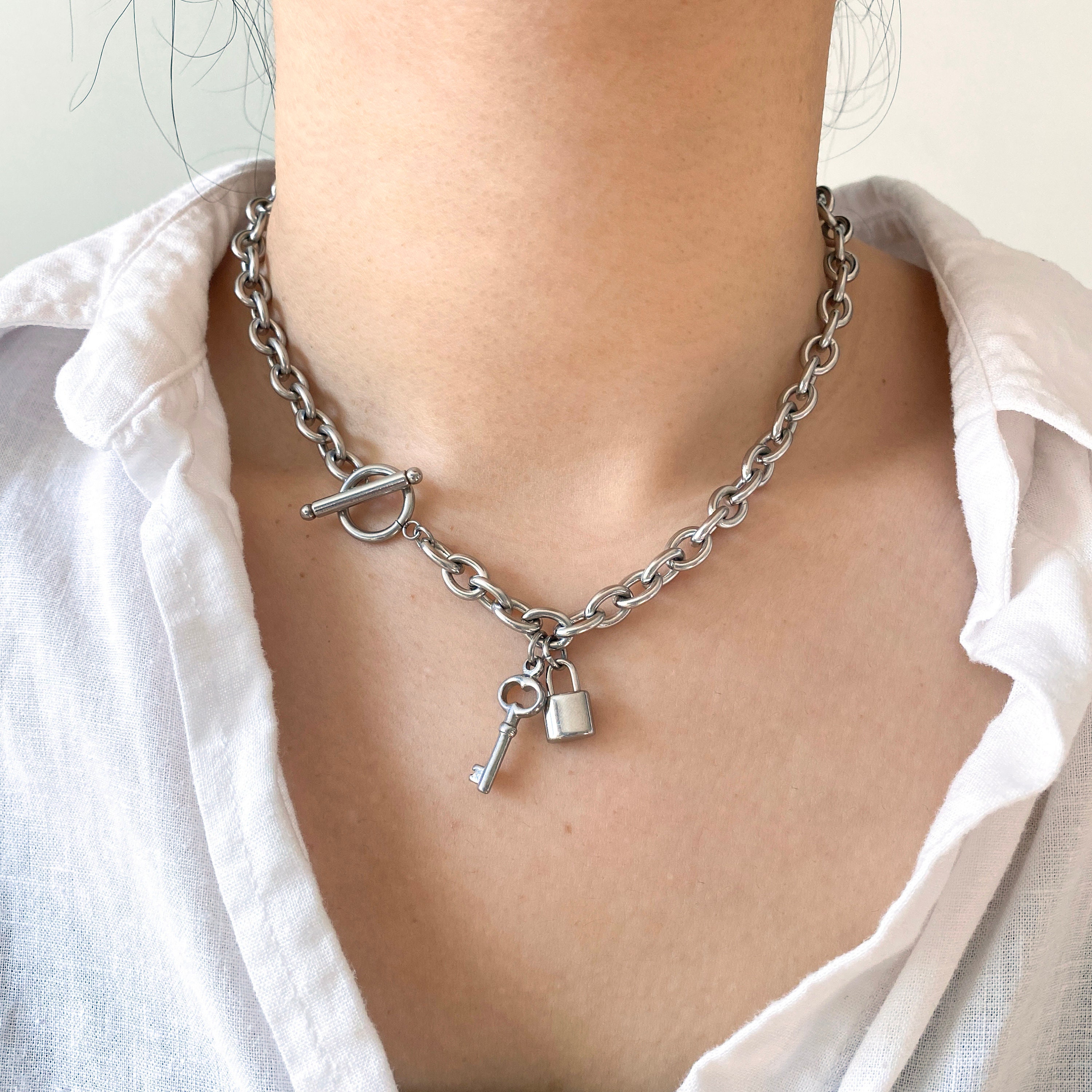 Padlock and Key Necklace Stainless Steel Chunky Chain Toggle | Etsy