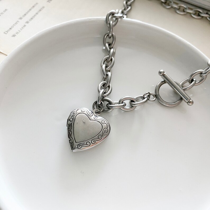 Heart Locket Necklace Chunky Chain With Toggle Clasp Photo - Etsy