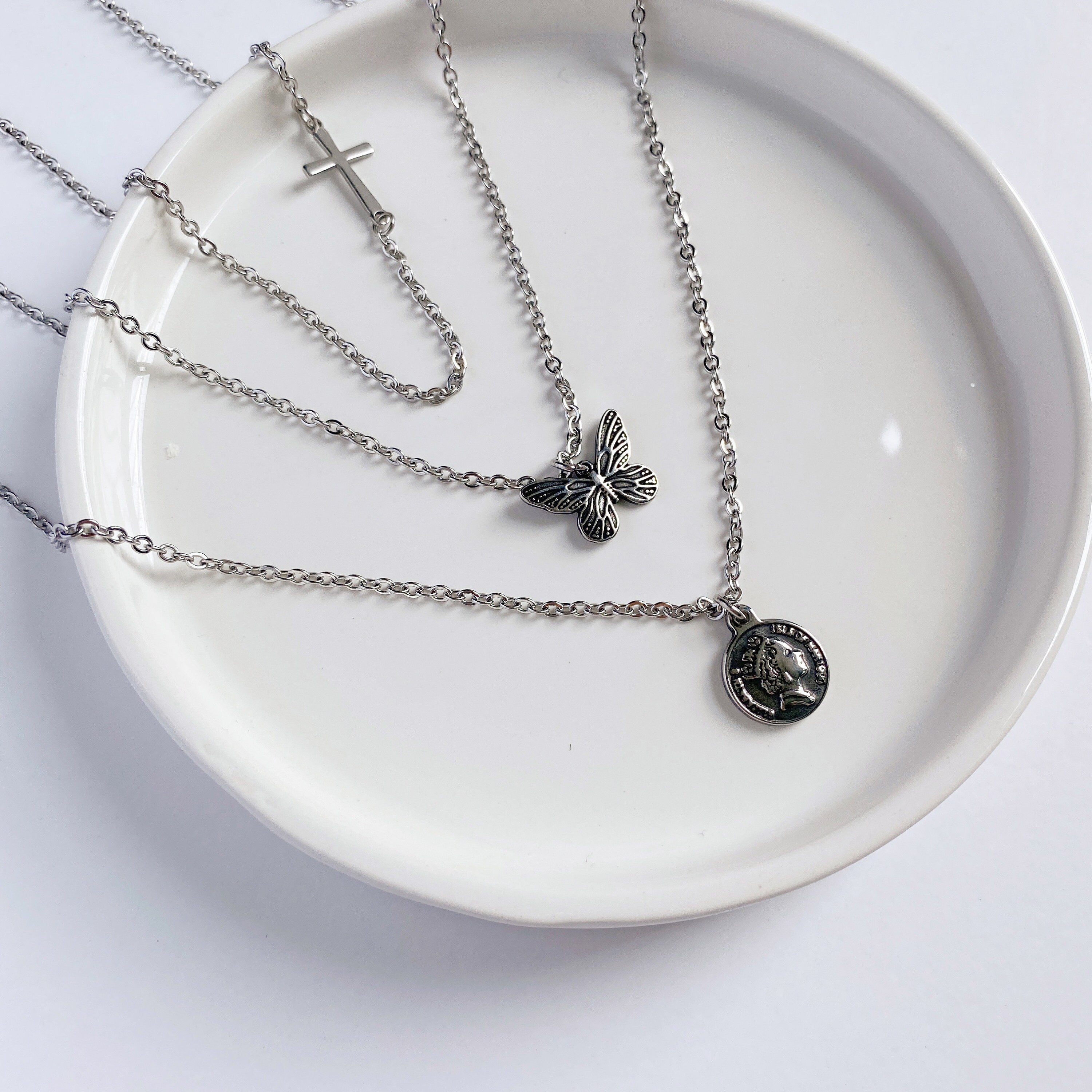 Triple Layered Chain Necklace Set Stainless Steel Necklace | Etsy