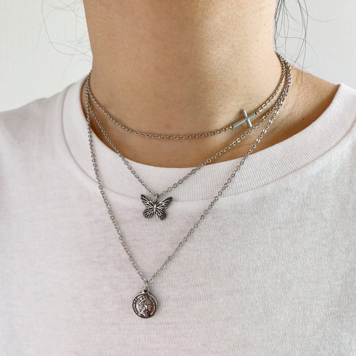 Triple Layered Chain Necklace Set Stainless Steel Necklace - Etsy