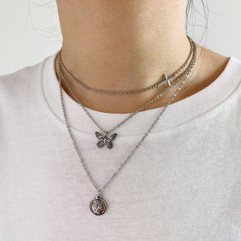 Triple Layered Chain Necklace Set Stainless Steel Necklace - Etsy