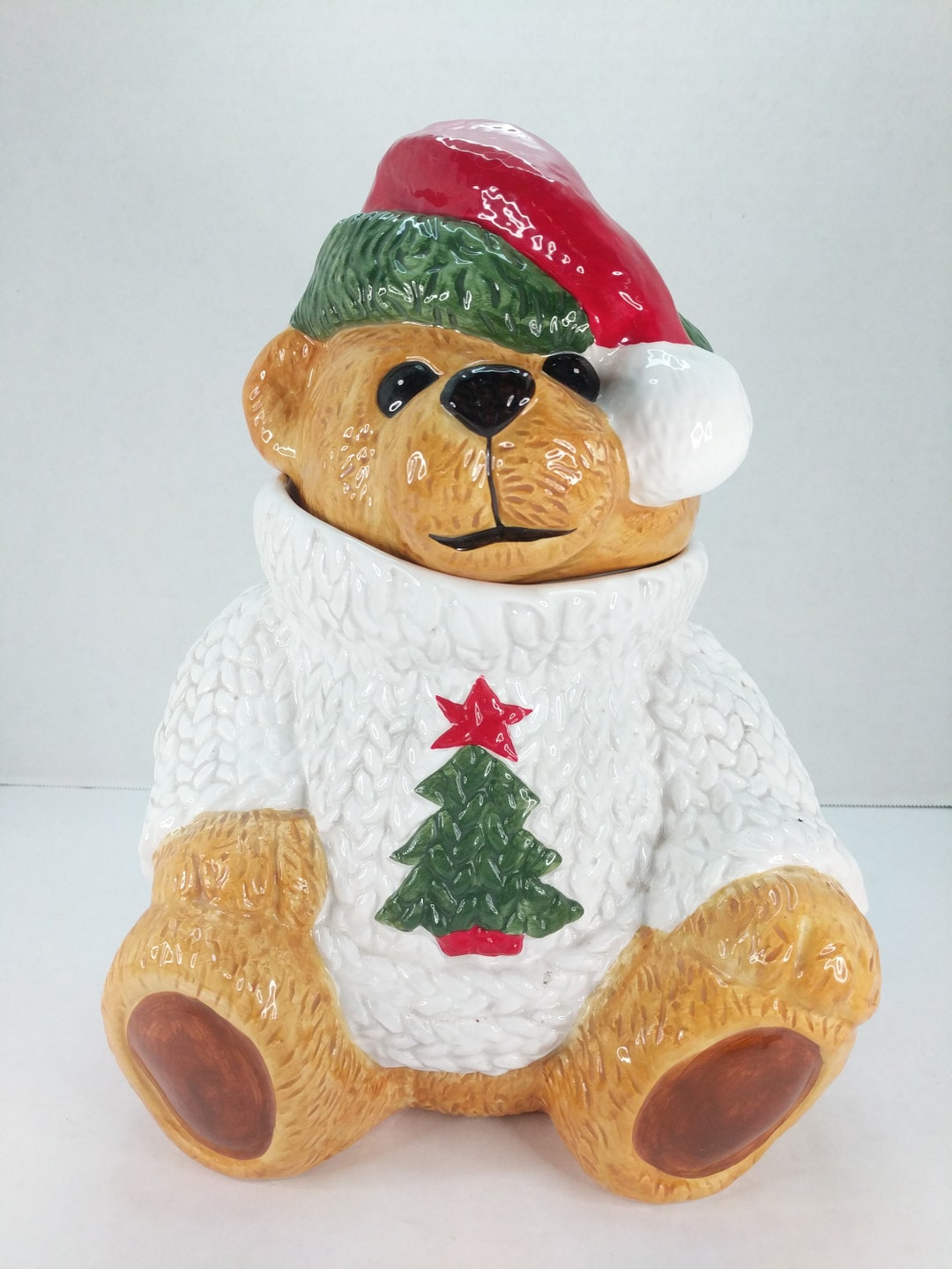 Ceramic Christmas Teddy Bear With Tree on His Sweater Cookie Jar Pre ...