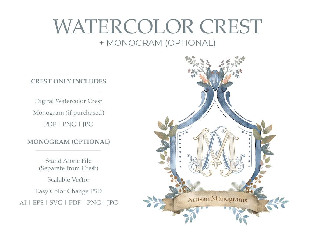 Watercolor Crest Plus Monogram optional Made to Order, Wedding Monogram ...