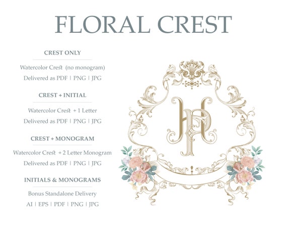 Watercolor Crest With Optional Initial or Monogram Made to | Etsy