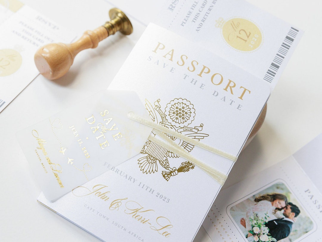 Luxury Passport Style Save-the-date With Real Gold Foil Parchment ...