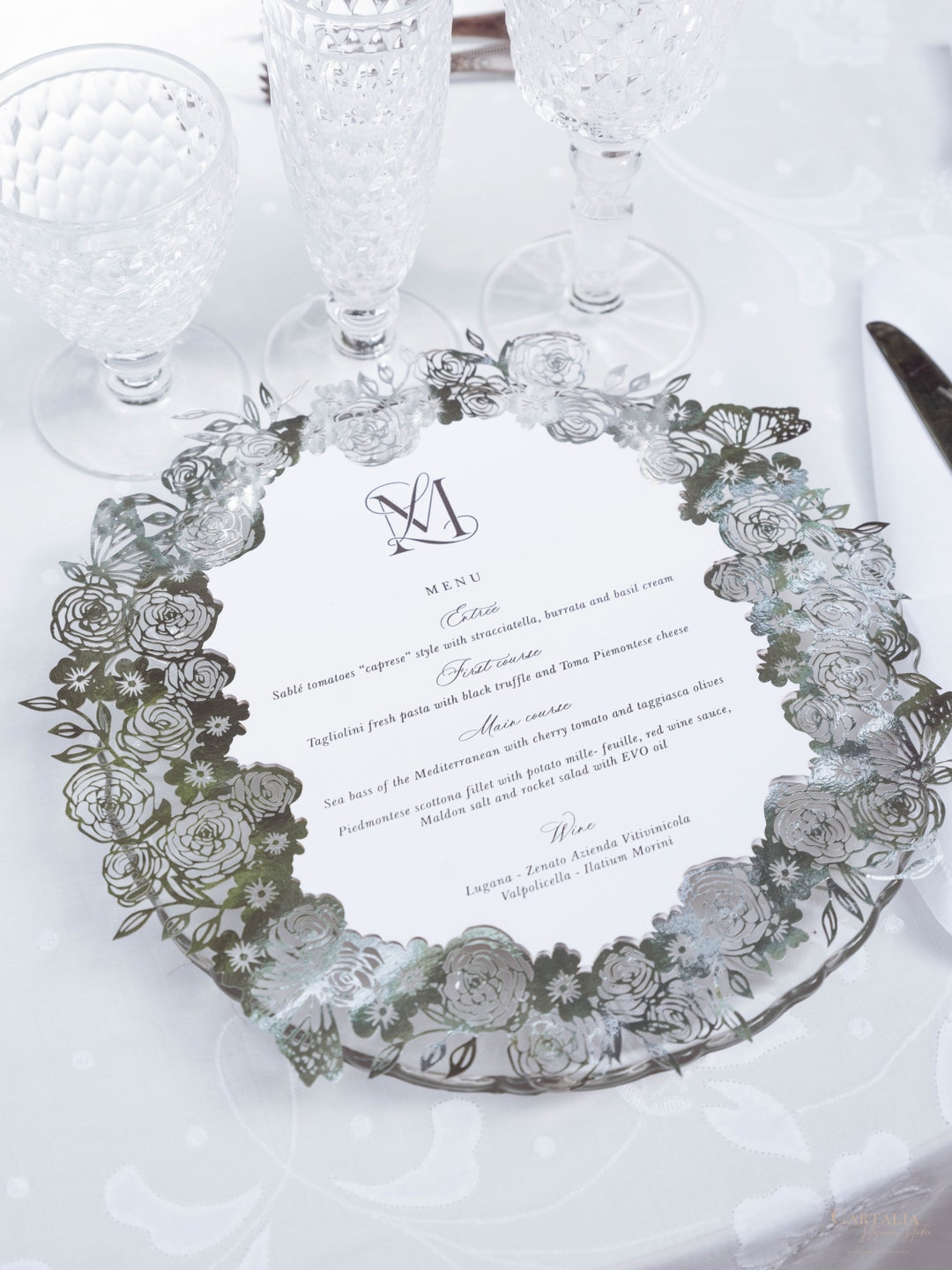 Silver Mirror Menu With Laser Cut Roses, Flowers and Butterflies ...