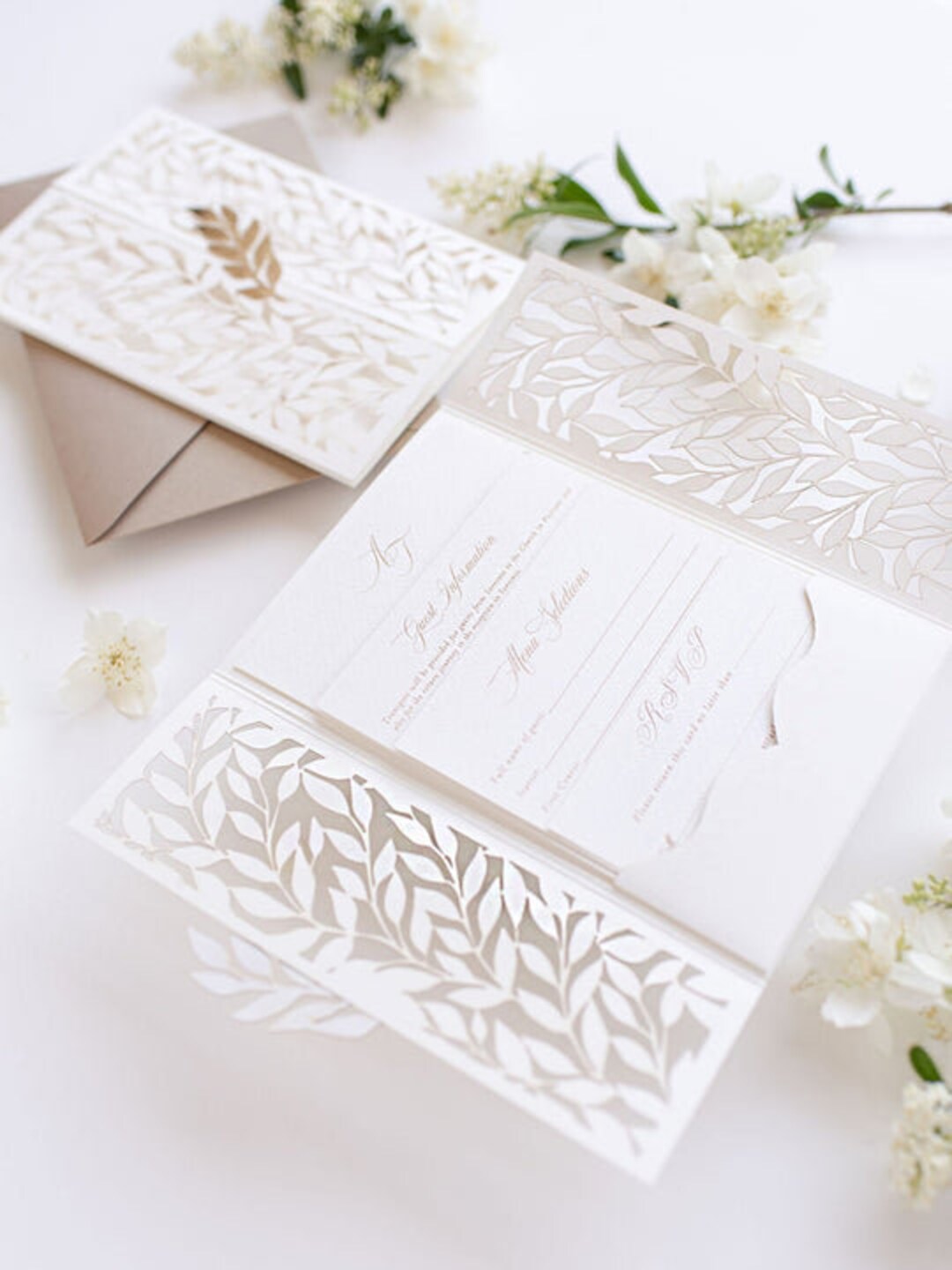 Laser-stamped Altar Fold Invitation in Pocketfold With Leaf Motif and ...