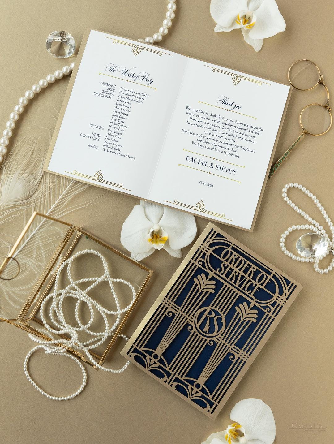 Golden Wedding Schedule Card With Laser-cut Gate Design in Art Deco ...