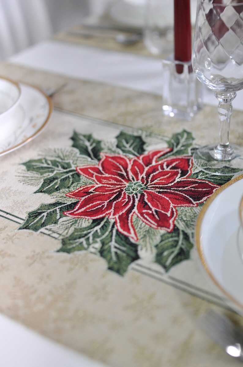 Gold Christmas Table Runner With Poinsettia Flower Festive | Etsy