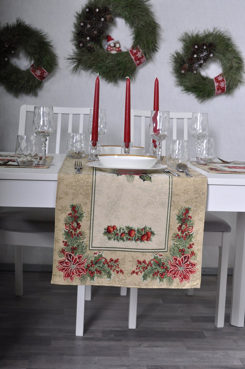 Gold Christmas Table Runner With Poinsettia Flower Festive | Etsy
