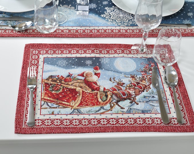 Blue Christmas Placemats Set With Santa Claus Sleigh and Reindeer ...