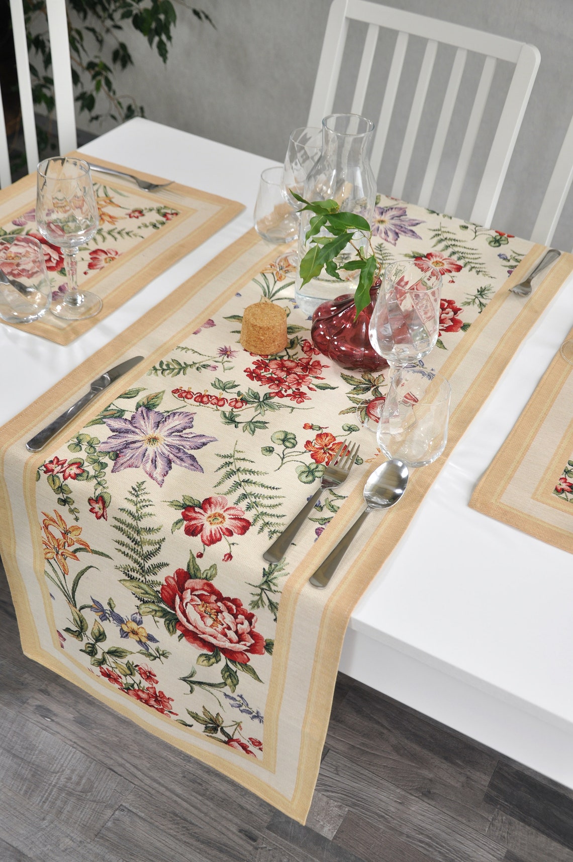Tapestry Table Runner With Red and Purple Flowers. Jacquard - Etsy
