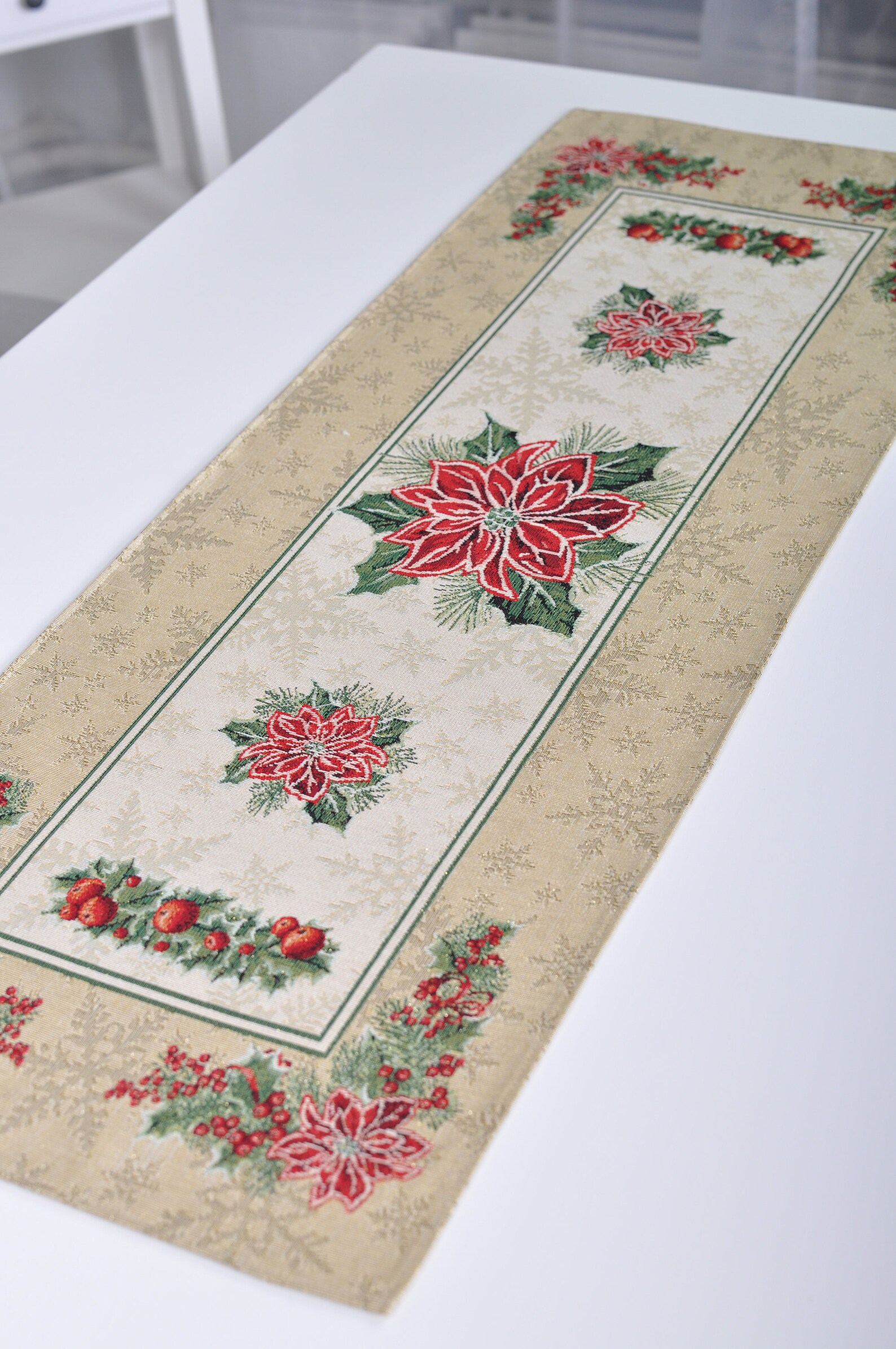 Gold Christmas Table Runner With Poinsettia Flower Festive | Etsy