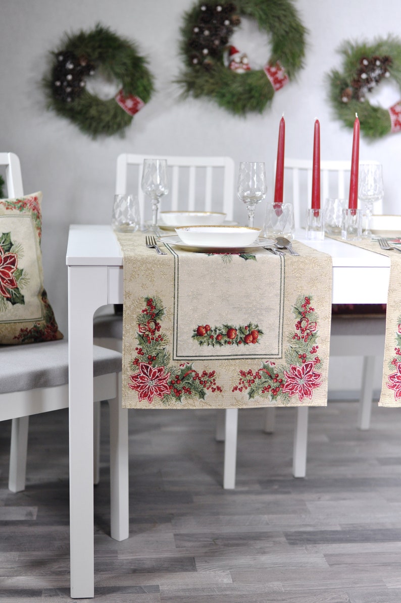 Gold Christmas Table Runner With Poinsettia Flower Festive | Etsy