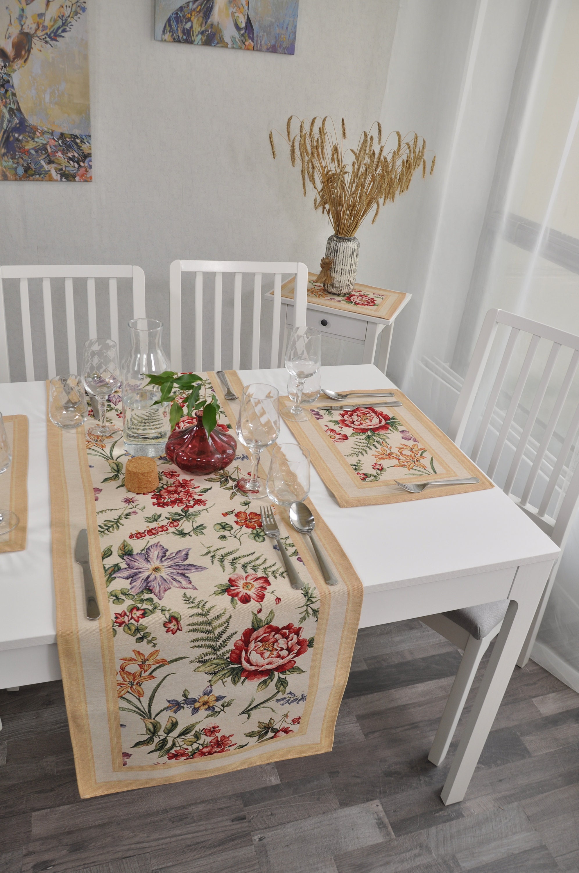 Tapestry Table Runner With Red and Purple Flowers. Jacquard - Etsy