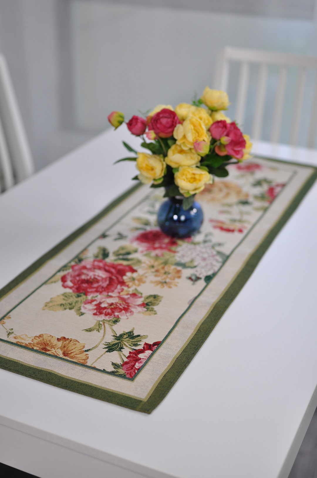 Tapestry Table Runner With Peony Flower. Summer Decor With Floral ...