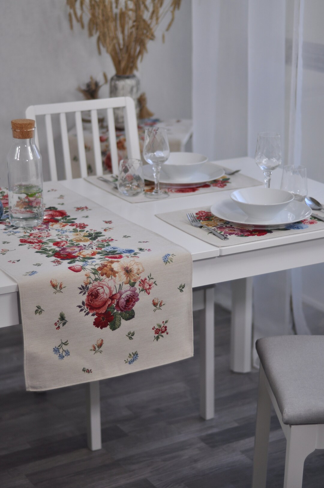 Tapestry Table Runner With Colorful Peonies, Roses and Rosehip Flowers ...