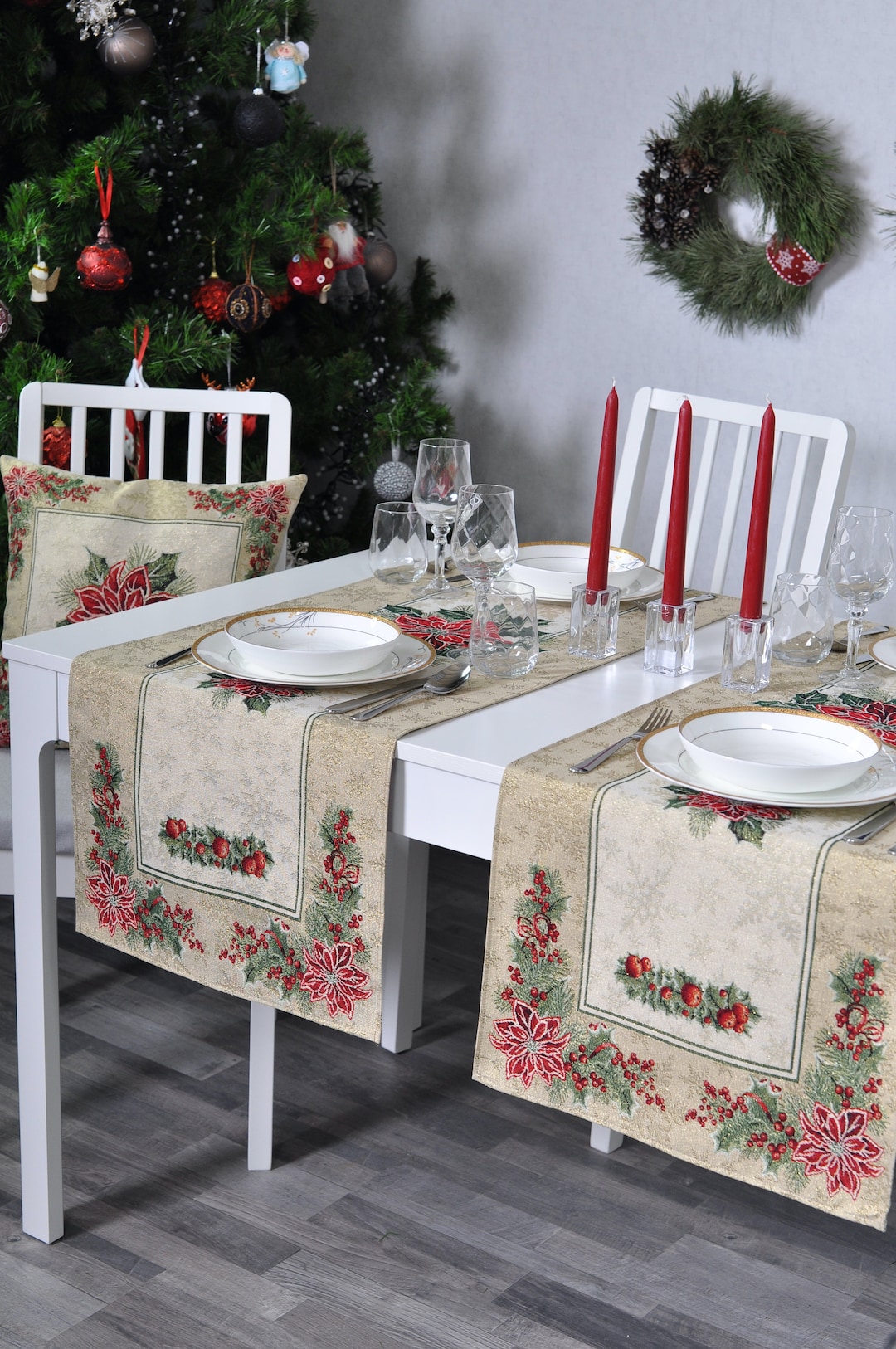 Gold Christmas Table Runner With Poinsettia Flower, Festive Christmas ...