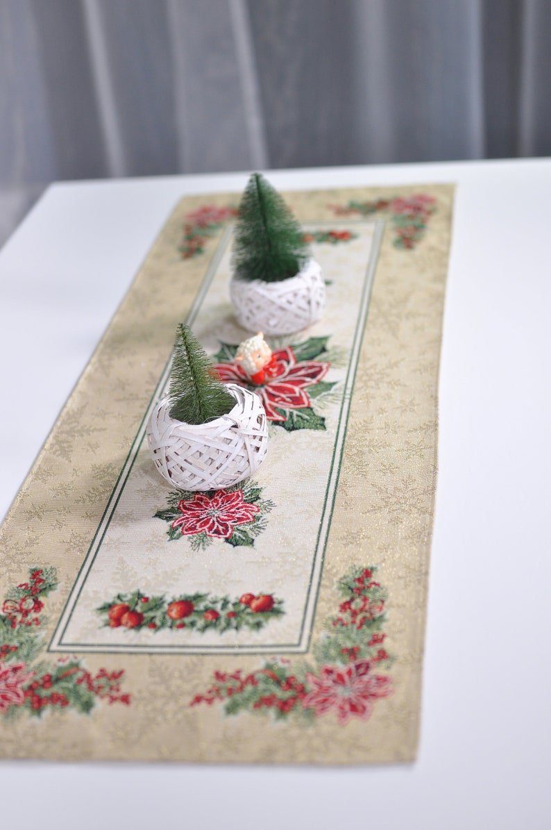 Gold Christmas Table Runner With Poinsettia Flower Festive | Etsy