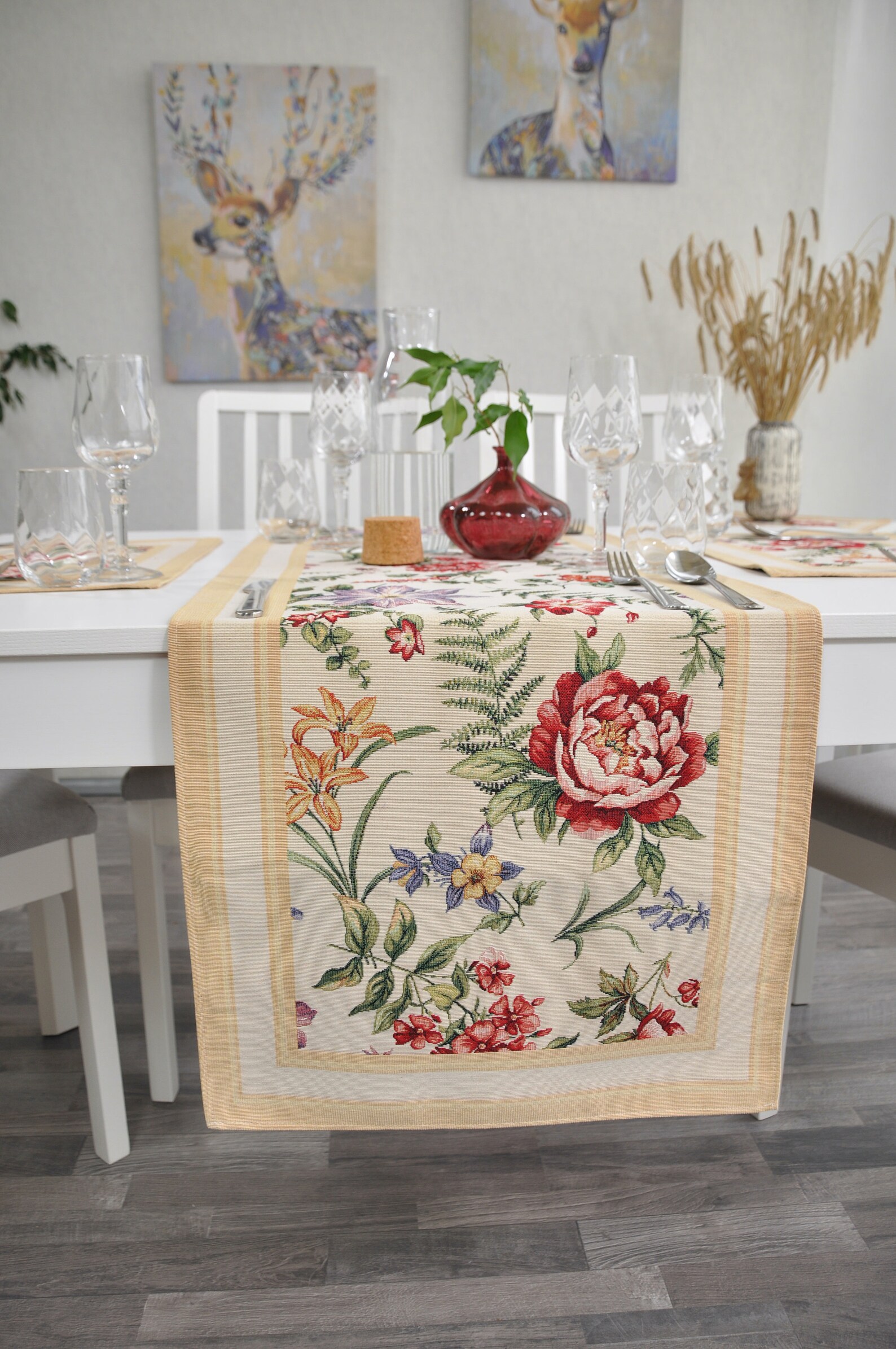 Tapestry Table Runner With Red and Purple Flowers. Jacquard - Etsy