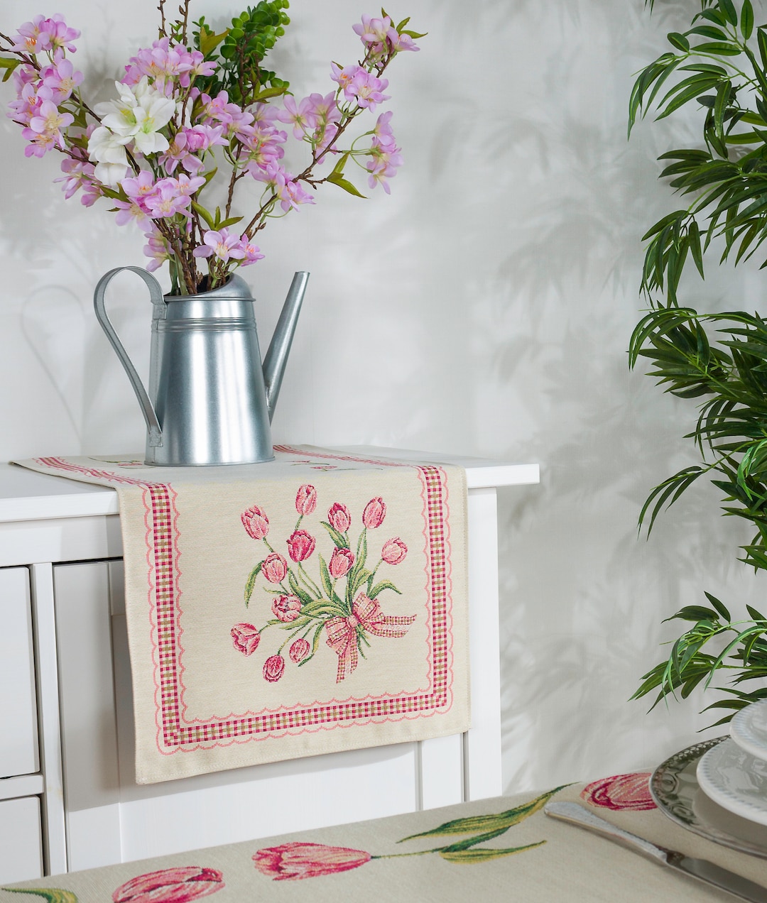 Tapestry Table Runner With Pink Tulips. Jacquard Table Runners ...