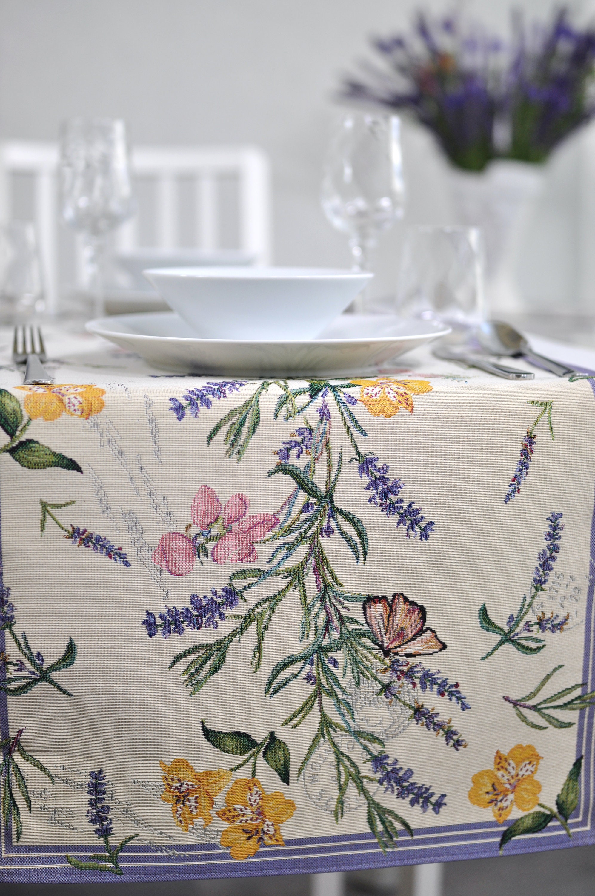 Tapestry Table Runner With Lavender and Colorful Flowers. | Etsy