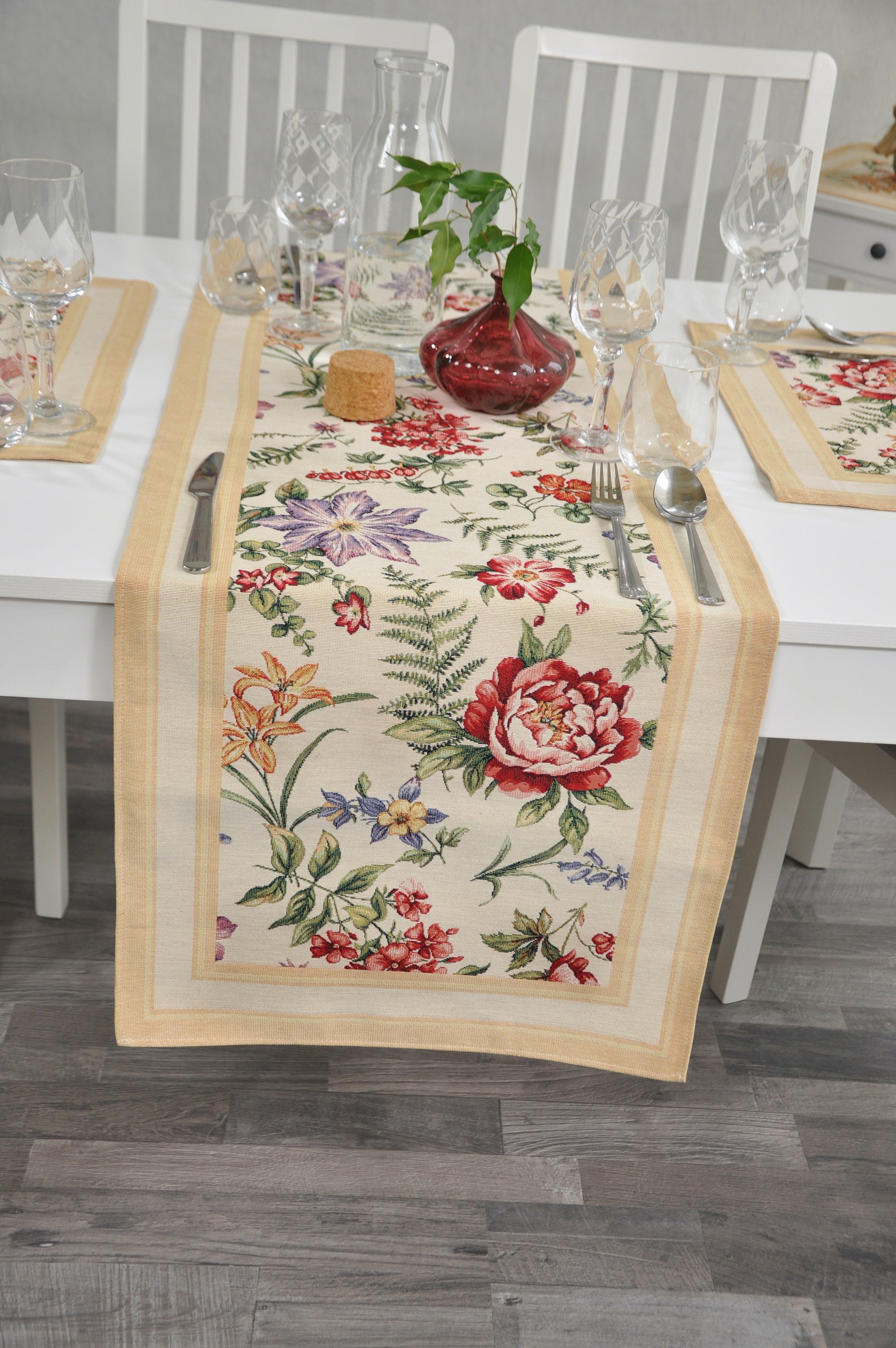 Tapestry Table Runner With Red and Purple Flowers. Jacquard - Etsy