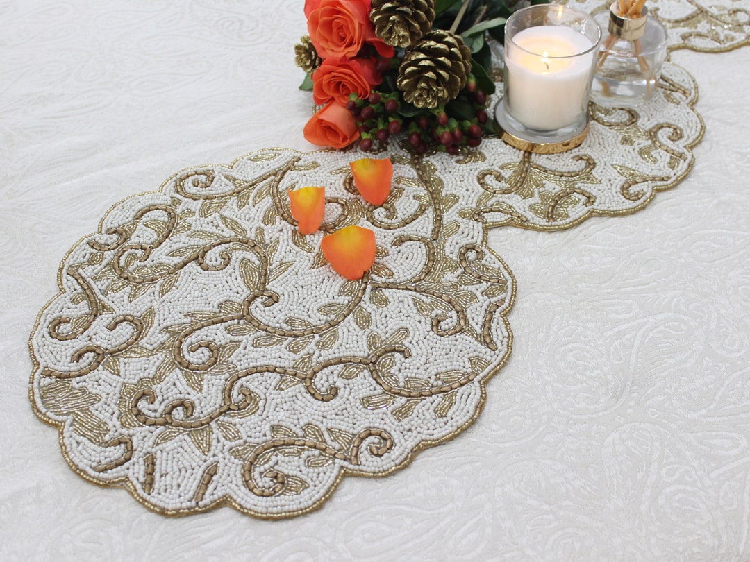 Regal Gold & White Handmade Hand Beaded Table Runner 93cm X 33cm - Gift ...