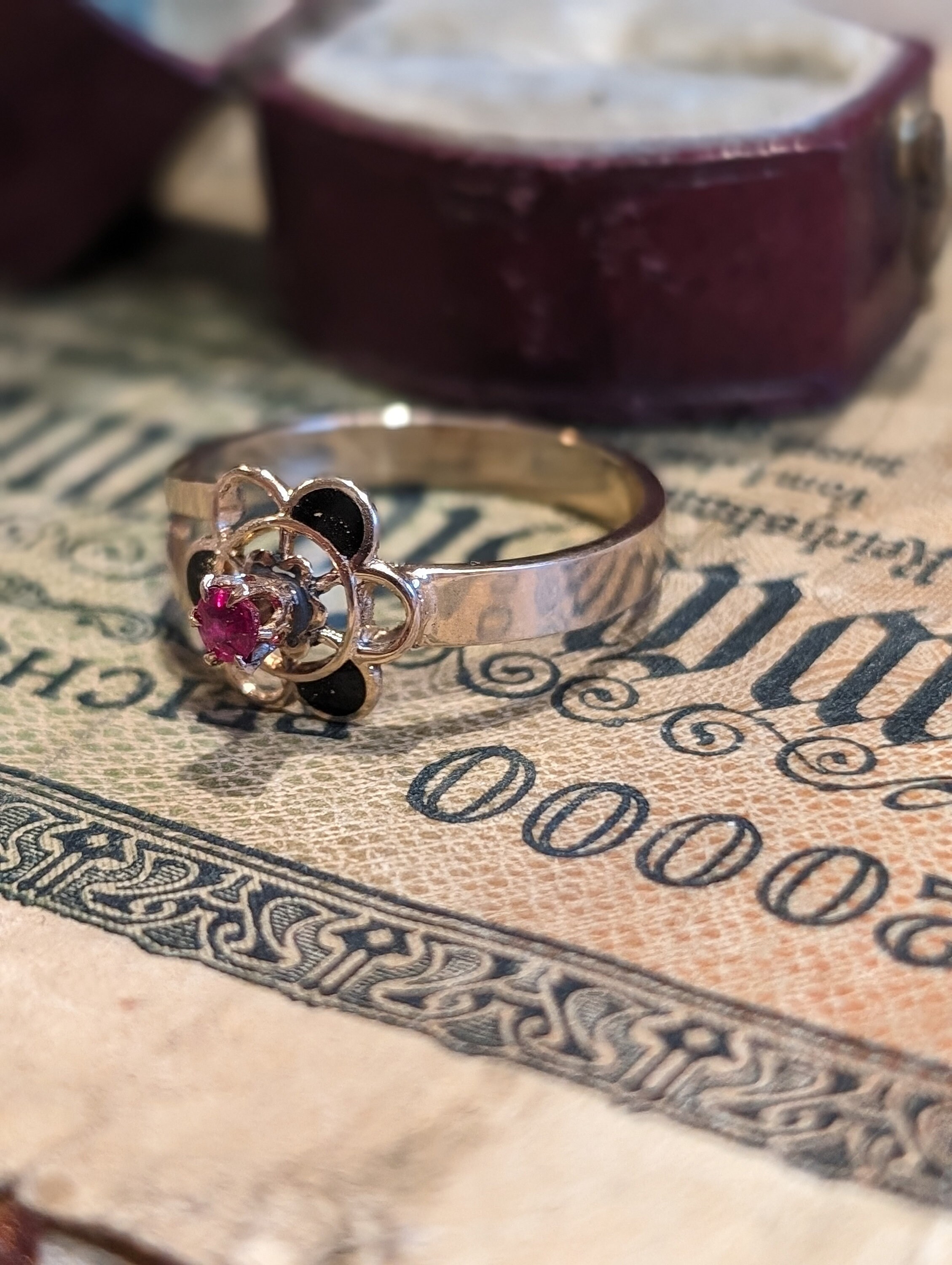 Late Victorian Ruby Enameled Buttercup Floral Statement Birthstone Ring ...