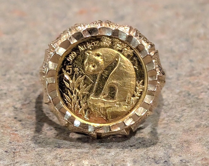 Nostalgic Vintage 1993 Panda Coin Crimped Gold Work Halo Statement Ring ...