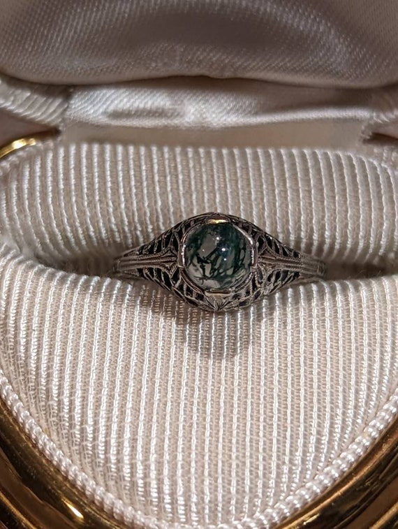 Antique Moss Agate Filigree White Gold Engagement Ann… - Gem
