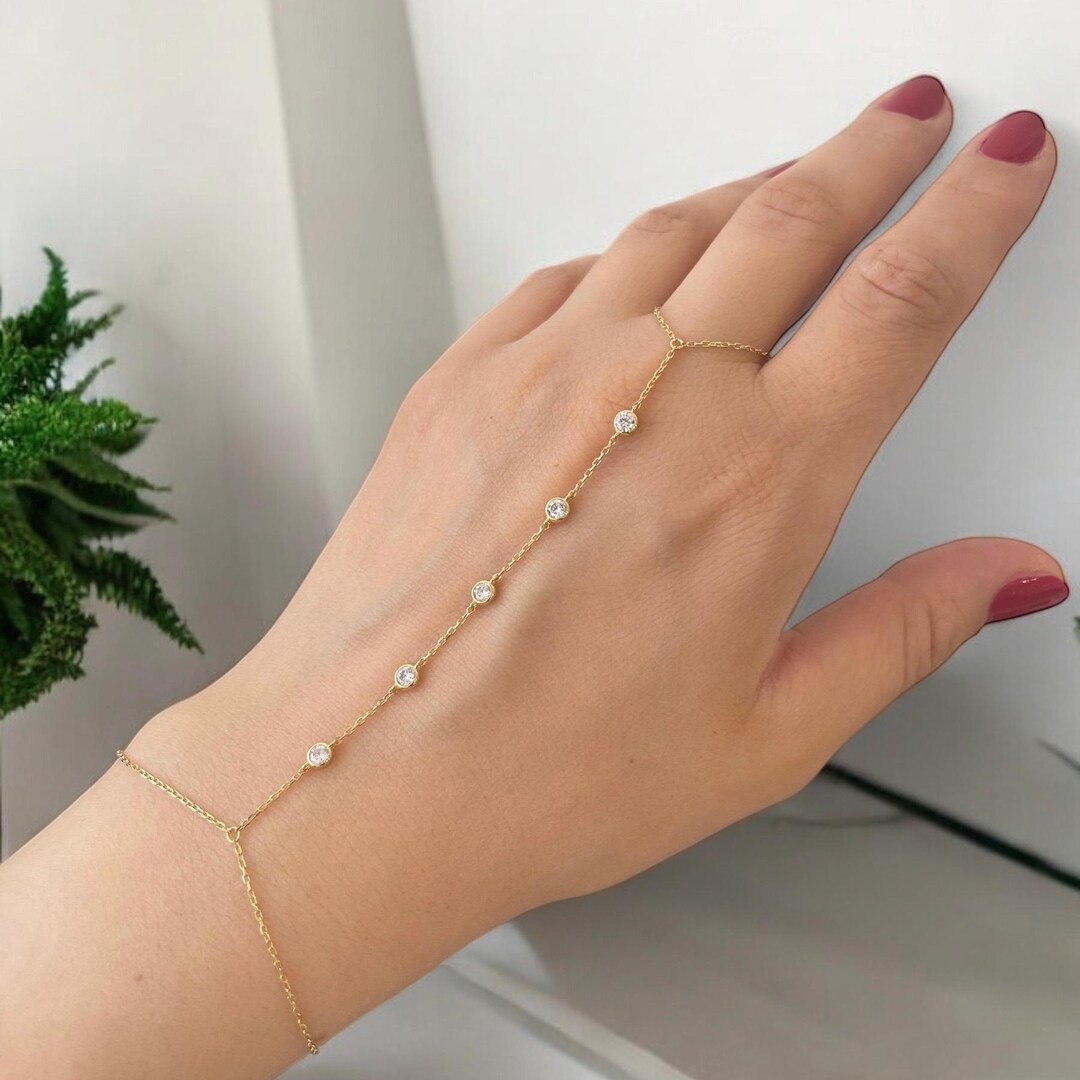 Gold Plated Sterling Silver Hand Chain Bracelet With Cubic Zirconia - Etsy