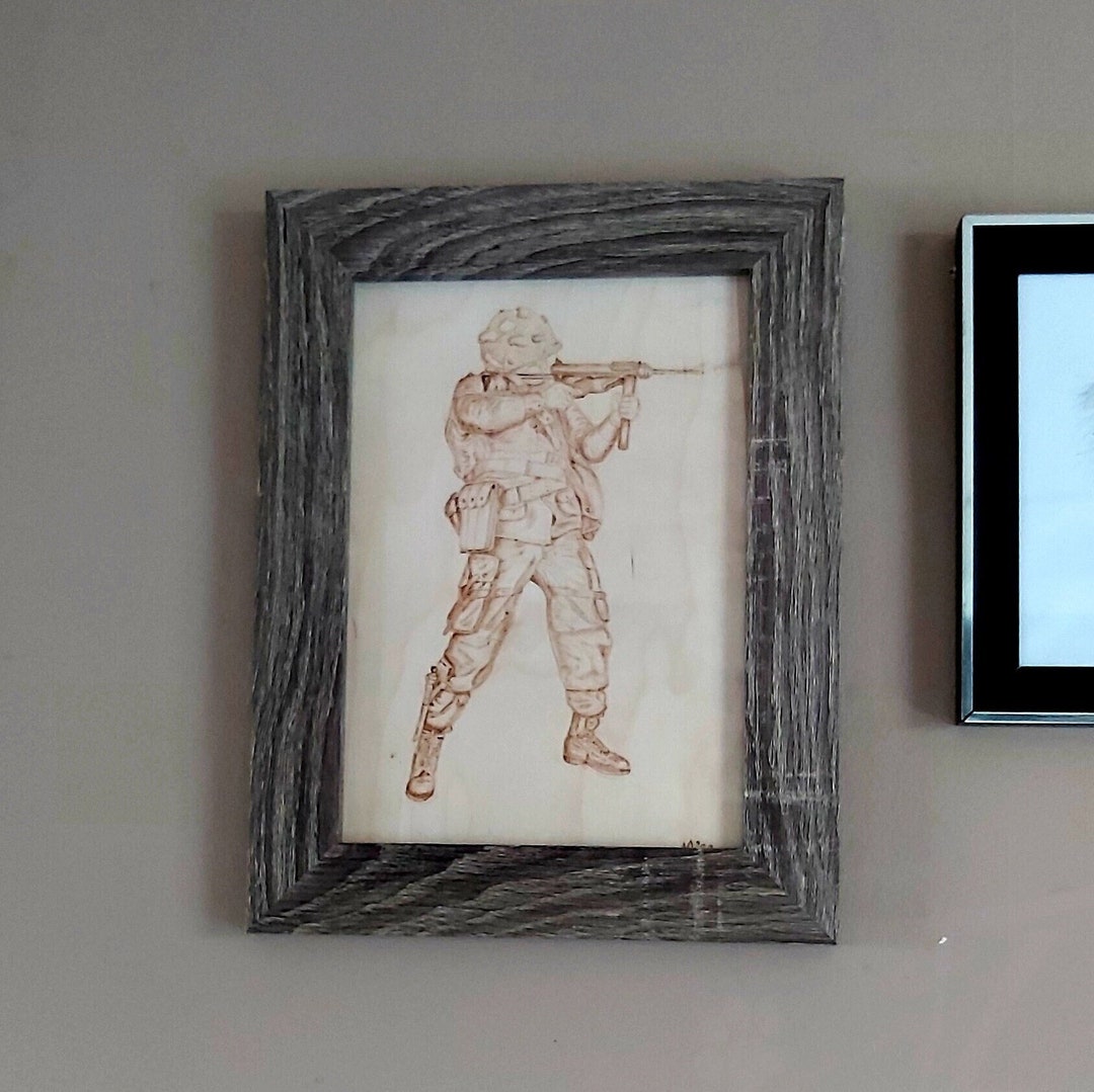 WW2 USA Soldier in Battle, Master Pyrography Wood Art Piece, by Flames ...