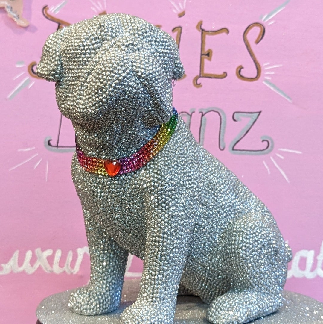 Super Sparkling Pug Dog Statue, With Rainbow Crystal Collar and Love ...