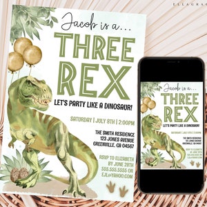 Three Rex Invitation, Three Rex Birthday Invitation, Dinosaur Birthday ...