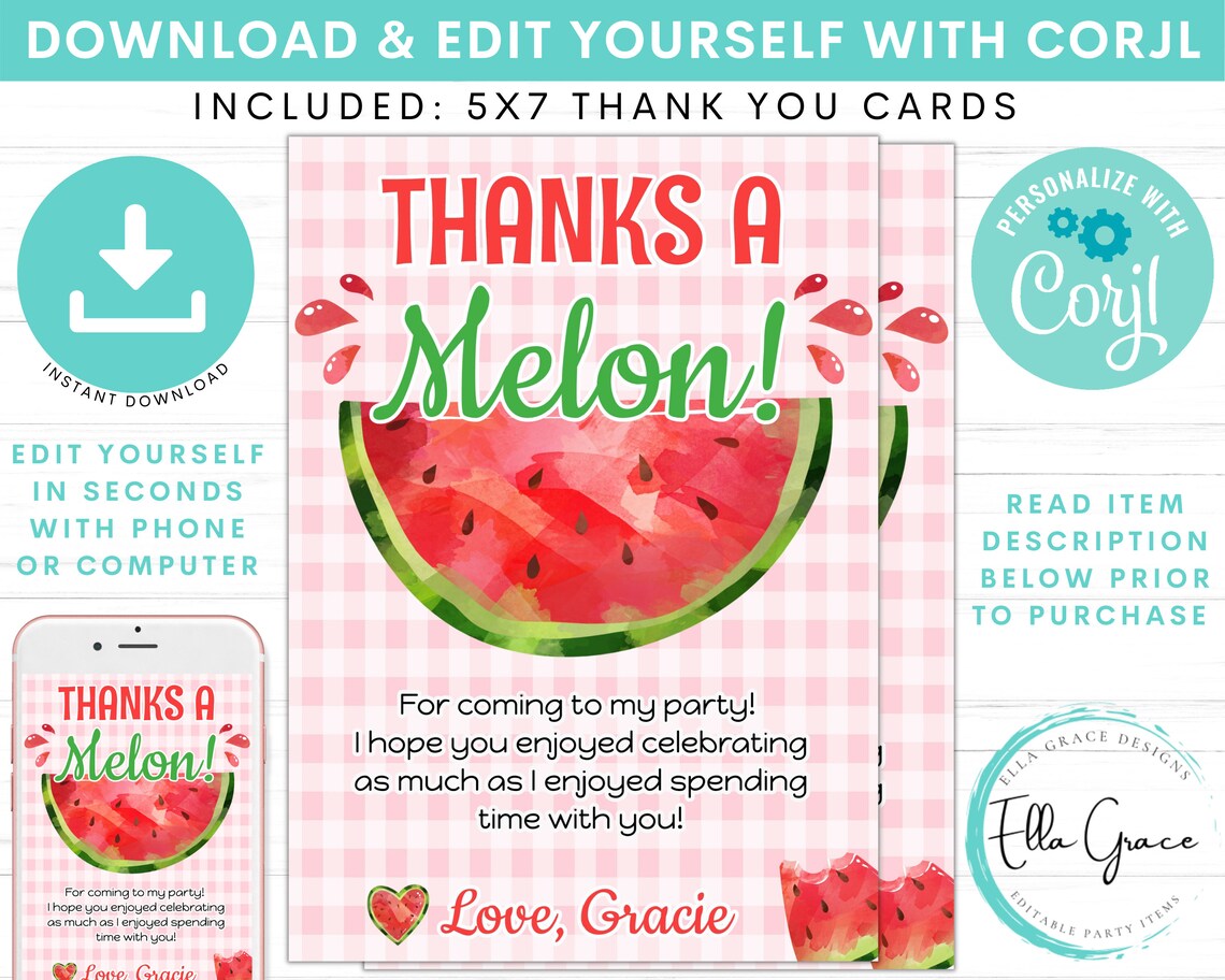 Editable Watermelon Thank You Card Thanks a Melon Thank You - Etsy